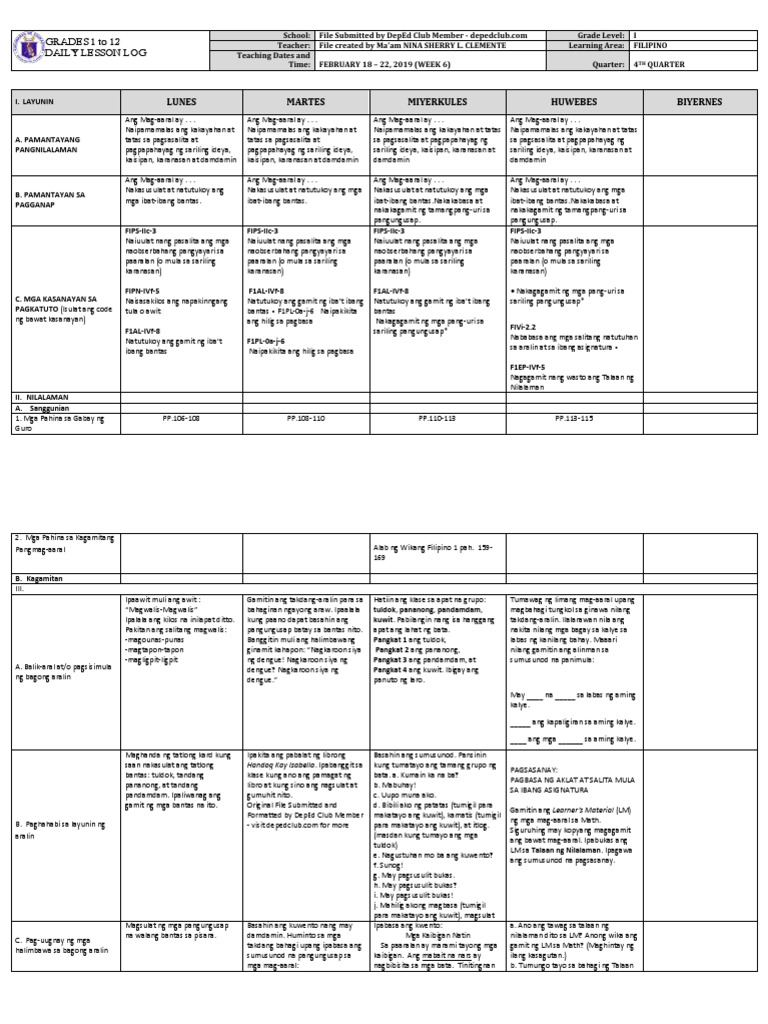 DLL Filipino 1 q4 w6 | PDF
