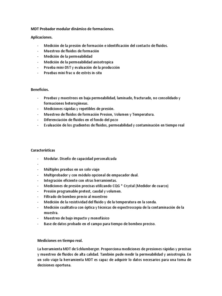 MDT Probador Modular Dinámico de Formaciones SLB TRADUCCION | PDF ...