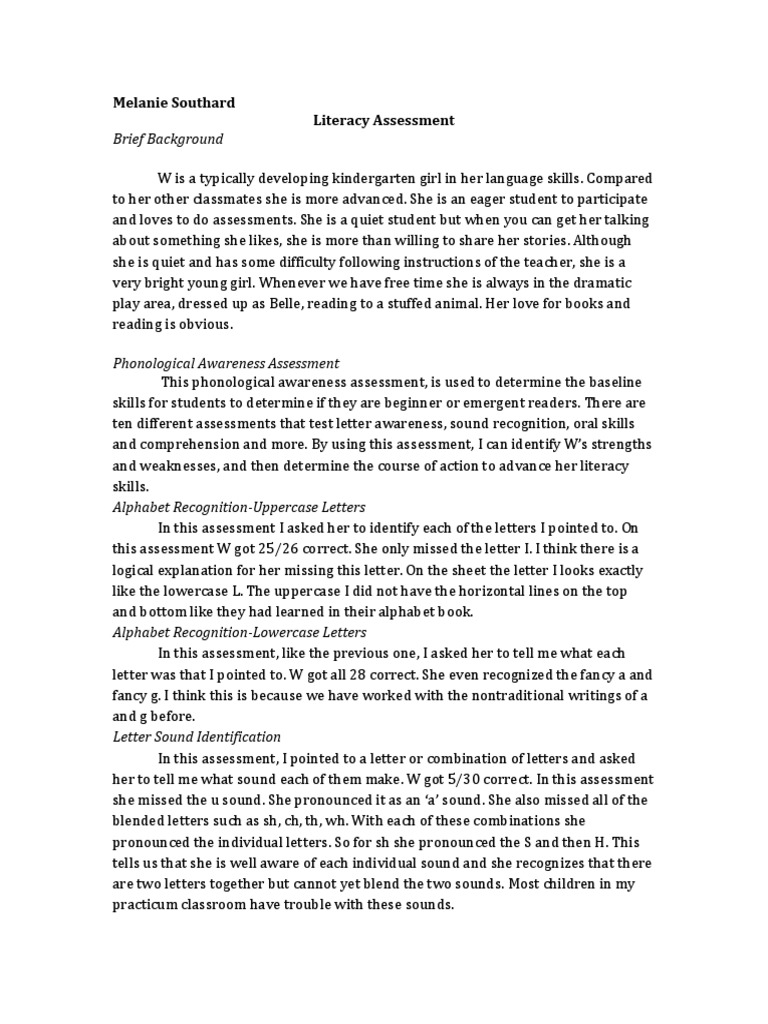 Literacy Assessment Write-Up | PDF | Word | Reading Comprehension