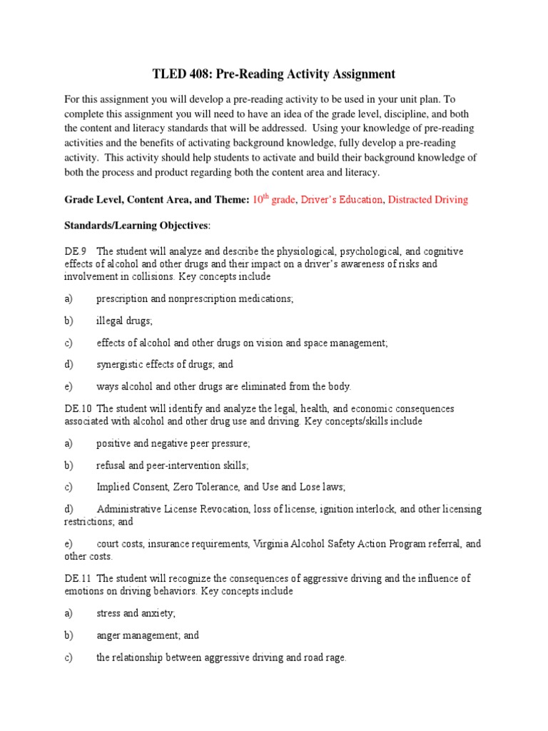 TLED 408: Pre-Reading Activity Assignment: Grade Level, Content Area ...
