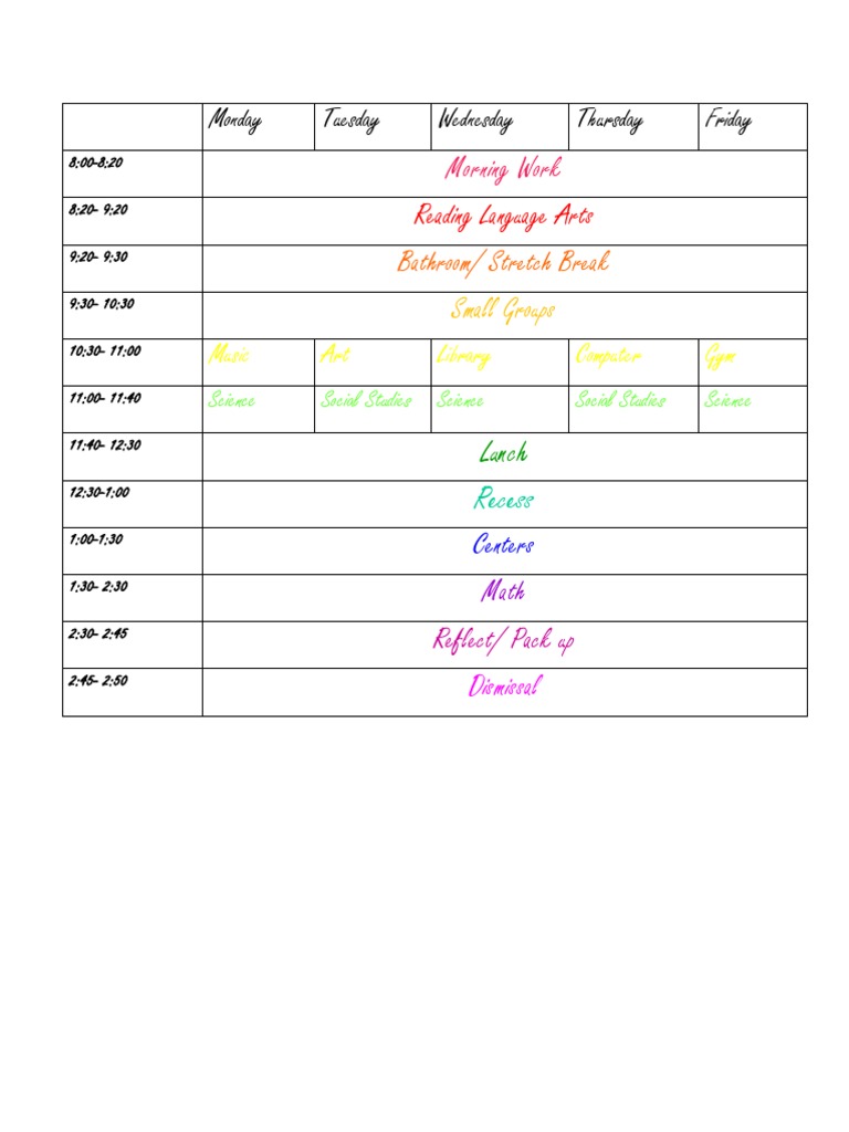 Weekly Classroom Schedule Overview | PDF