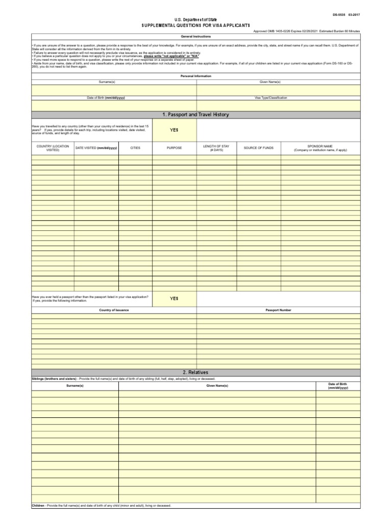 Form Supplemental Questions For Visa Applicants (English & Español ...