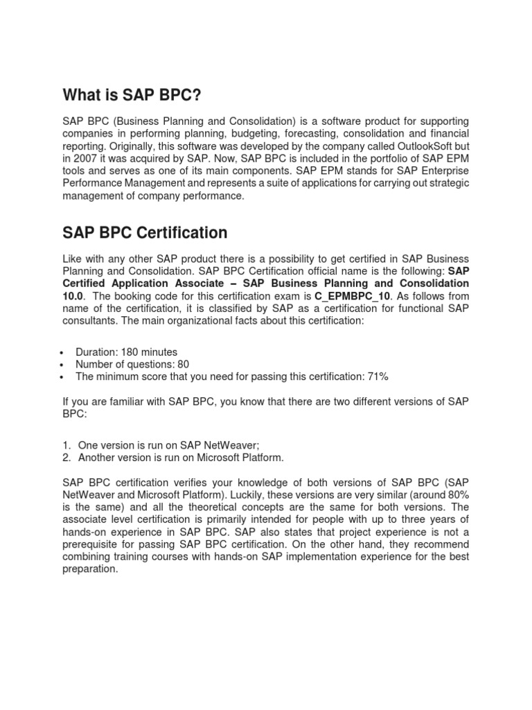 SAP BPC Certification Exam Details | PDF