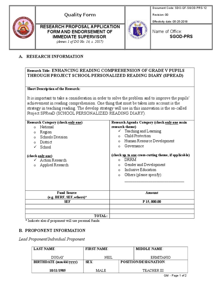 Research Proposal Application Form and Endorsement of Immediate Supervisor | PDF | Reading ...
