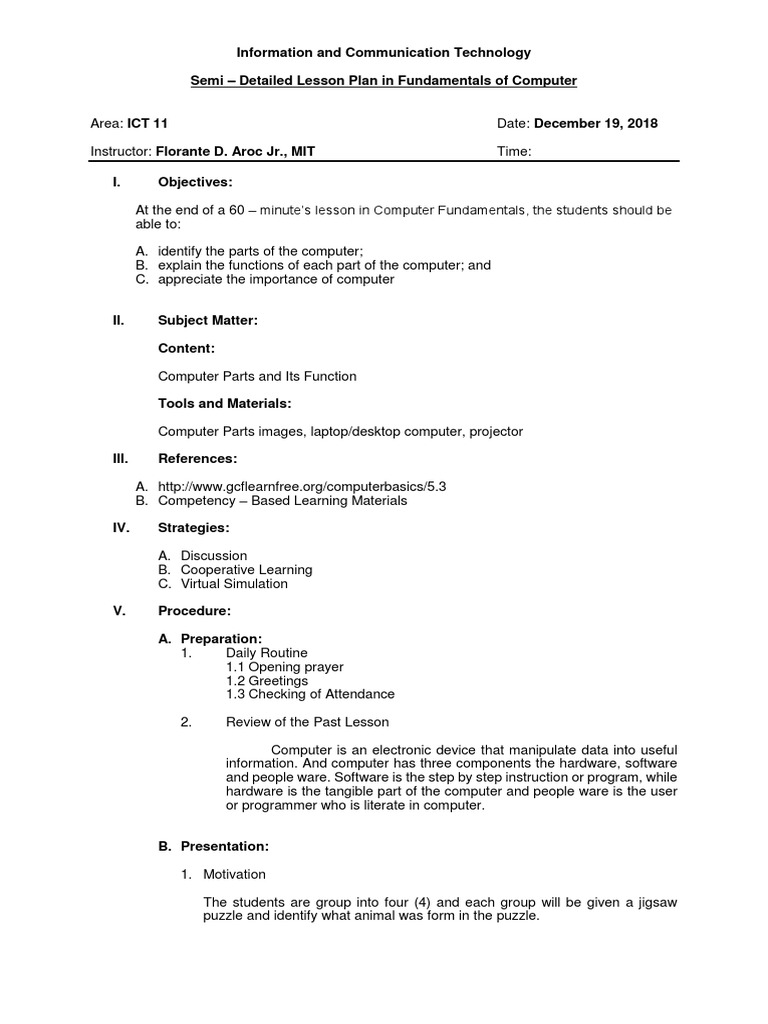 Semi Detailed Lesson Plan in Computer | PDF | Educational Technology ...