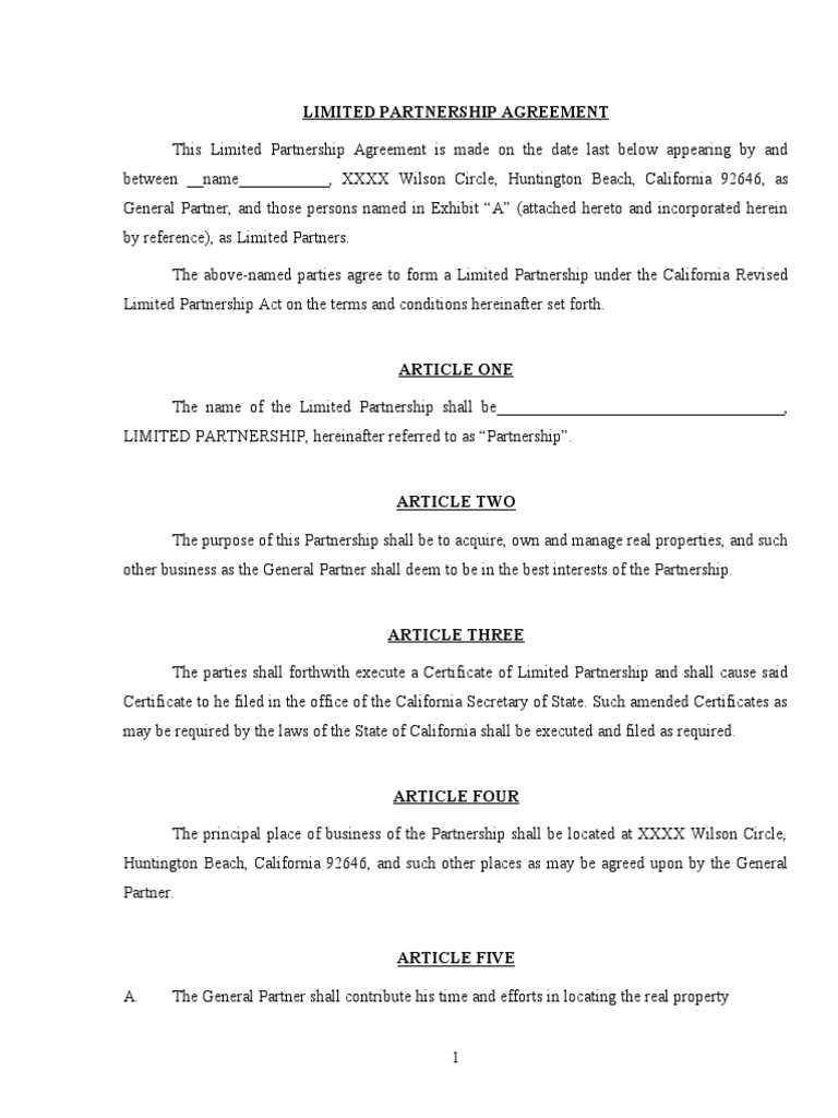 California Limited Partnership Agreement | PDF | Partnership | General ...