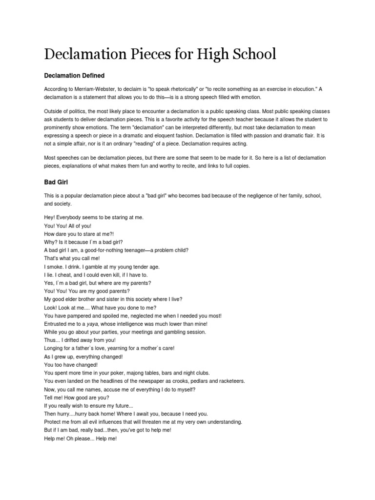 Declamation Pieces For High School | PDF | Public Speaking | Capital ...