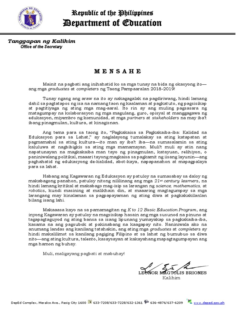 Message For Completers and Graduates of Sy 2018-2019 (Filipino) | PDF