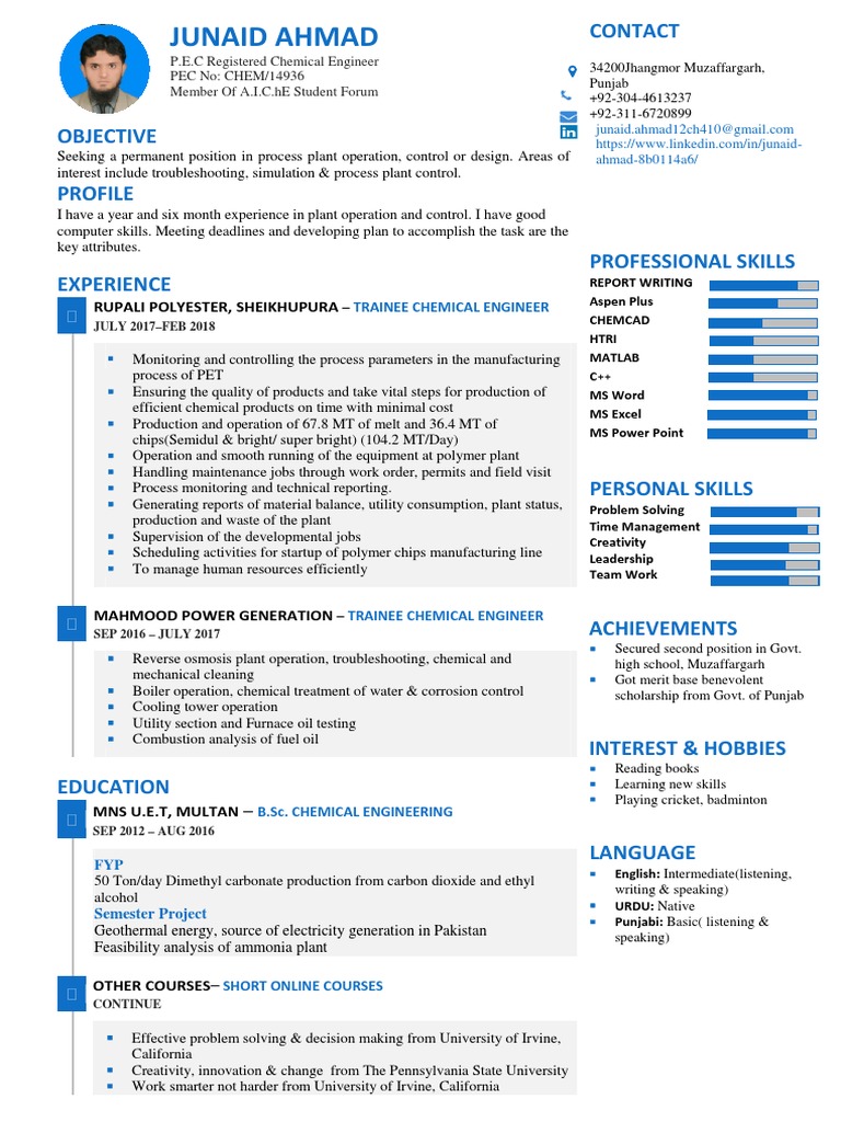 Junaid, CE CV | PDF | Chemical Engineering | Nature