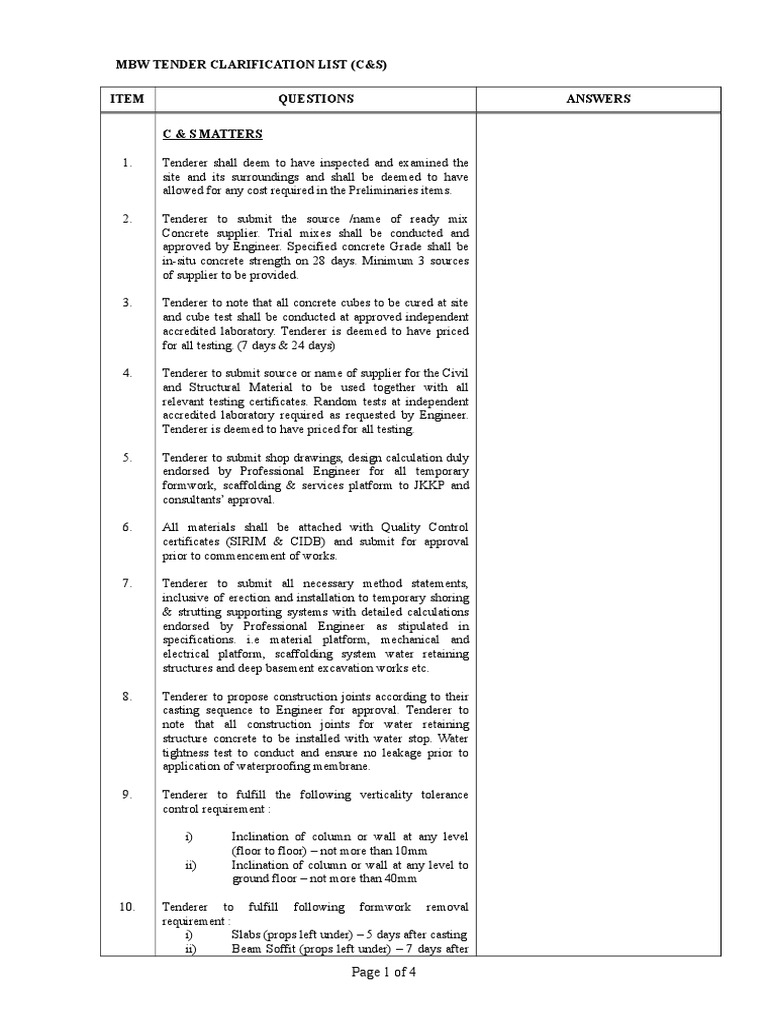 MBW Tender Clarification List (C&S) Item Questions Answers C & S ...