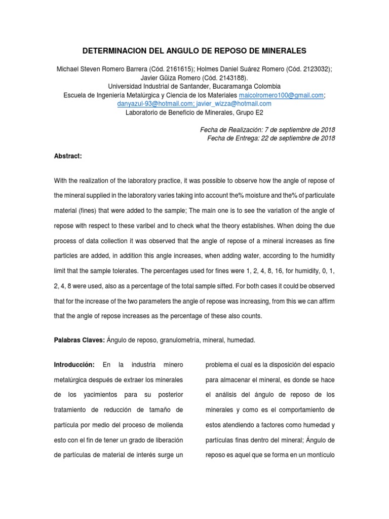 Determinacion Del Angulo de Reposo de Minerales | PDF | Química | Agua