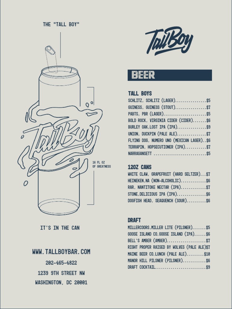 TallBoy Menu | PDF | Fermented Drinks | Alcoholic Drinks