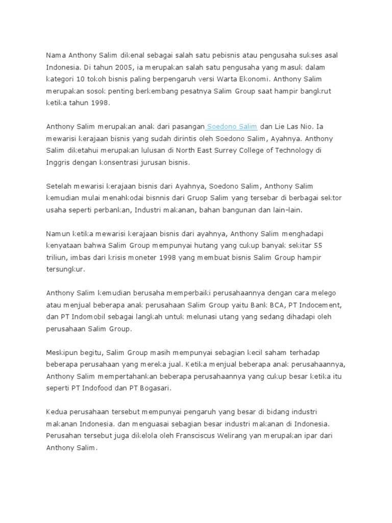 Nama Anthony Salim Dikenal Sebagai Salah Satu Pebisnis Atau Pengusaha ...