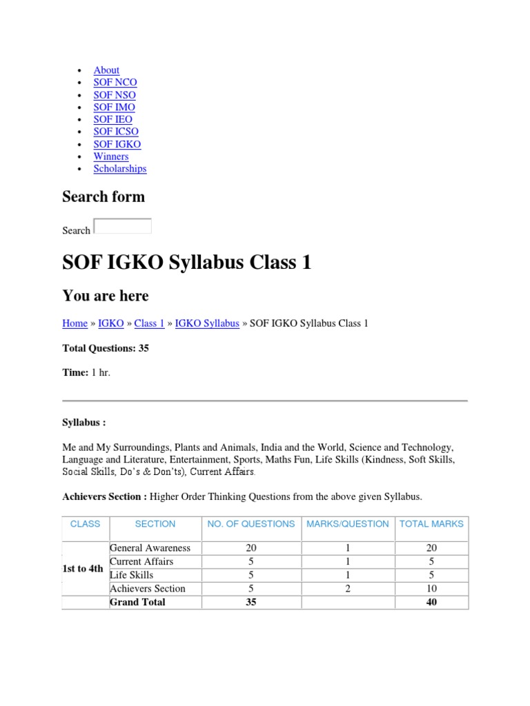 IGKO Syllabus for Class 1 | PDF