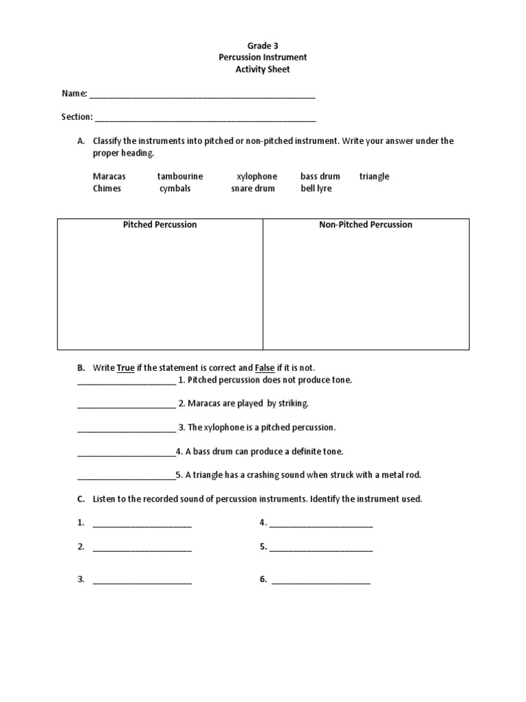 Grade 3 Percussion Instrument Activity Sheet | PDF