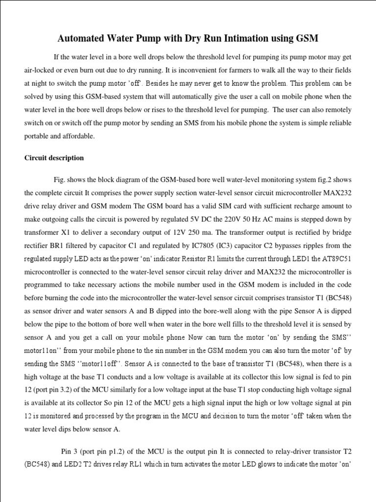 Automated Water Pump With Dry Run Intimation Using GSM | PDF ...