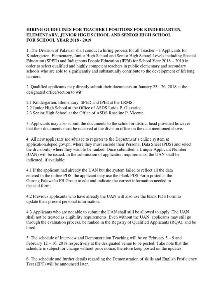 Teacher I Application Guidelines 2018-2019 | PDF | Teachers | Behavior ...