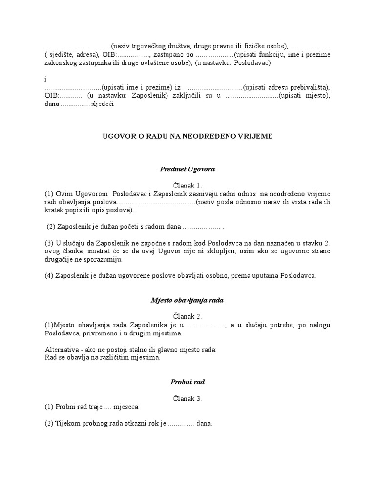 002 Ugovor o Radu Na Neodredjeno Vrijeme | PDF