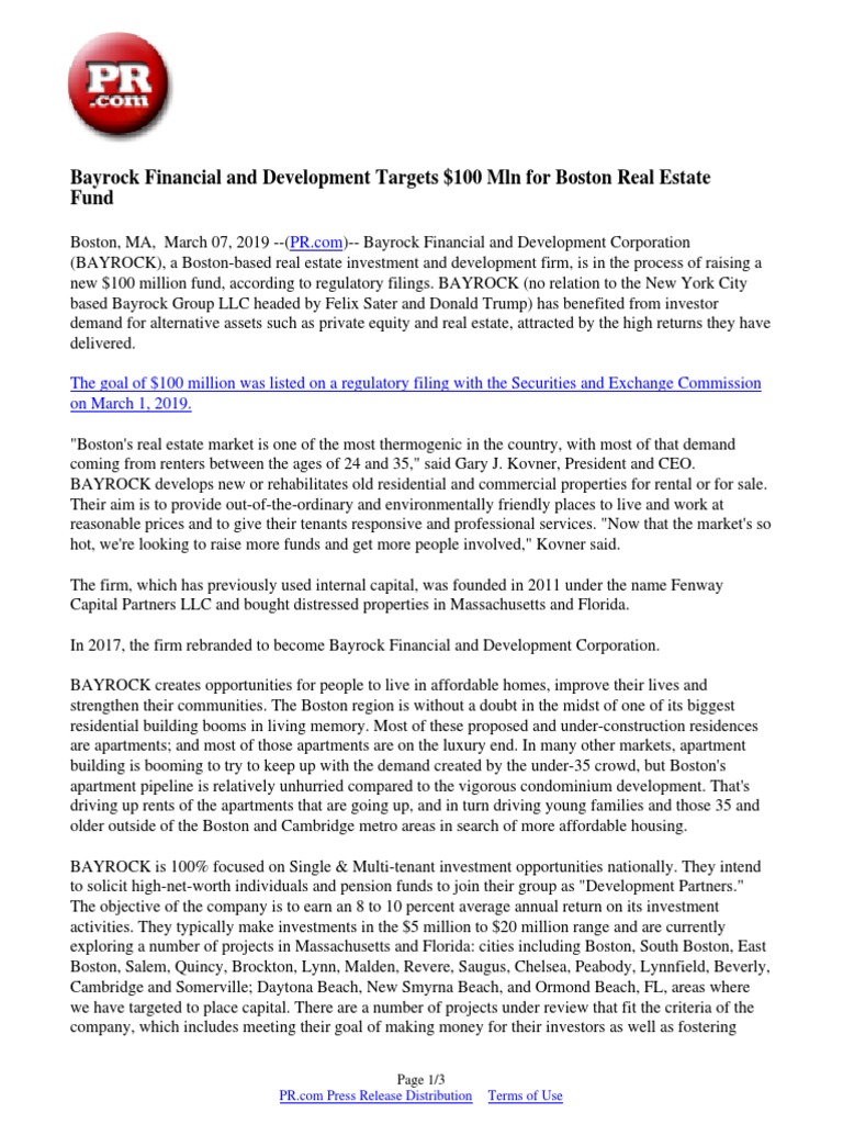 Bayrock Financial and Development Targets $100 MLN For Boston Real ...