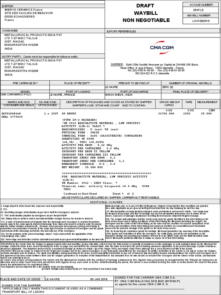 Class7 UN2912 | PDF | Bill Of Lading | Consignee