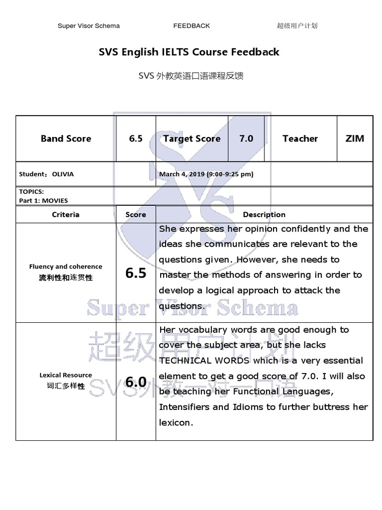 Olivia (March 4, 2019) IELTS Feedback Form | PDF | Lexicon | Grammar