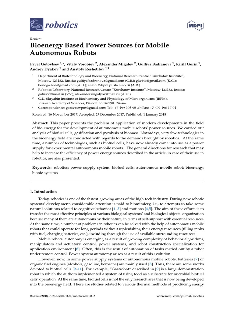 Bioenergy Based Power Sources For Mobile Autonomous Robots | PDF ...