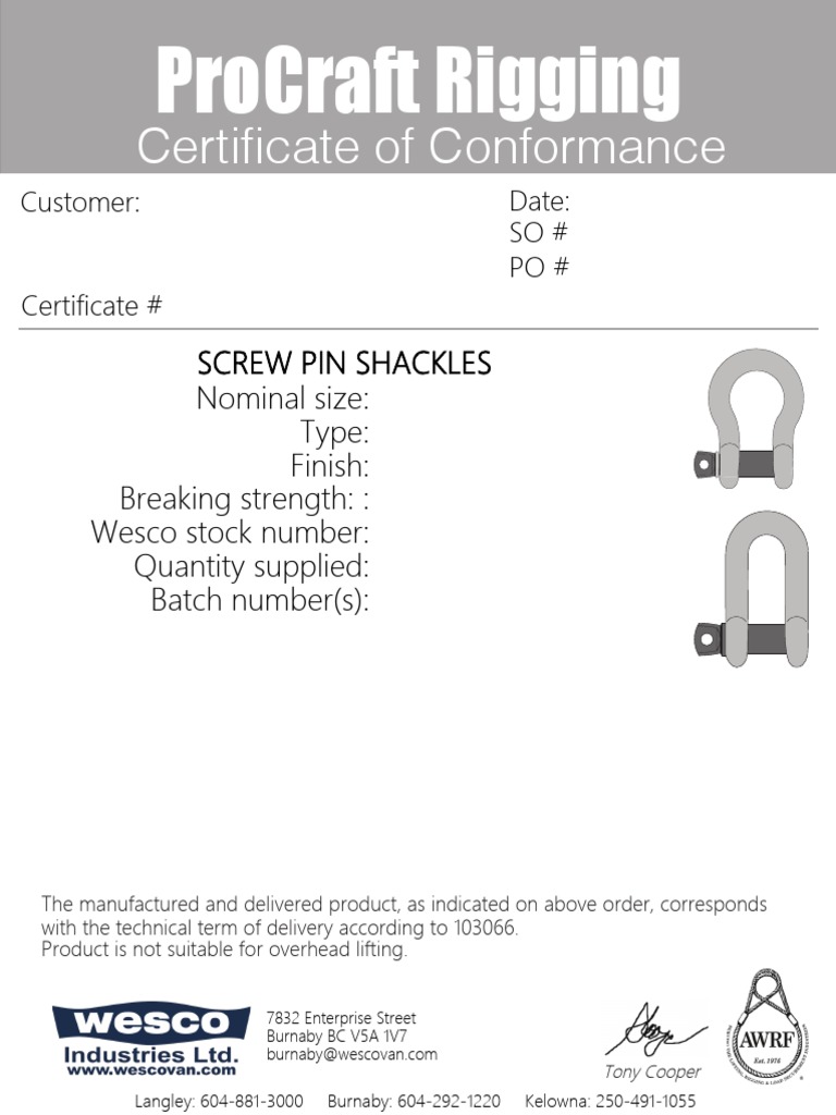 Certificate of Conformance: Procraft Rigging | PDF