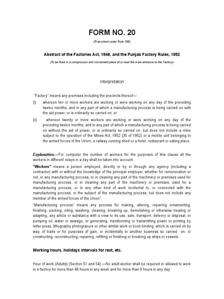 Form No. 20: Abstract of The Factories Act, 1948, and The Punjab Factory Rules, 1952 | PDF ...