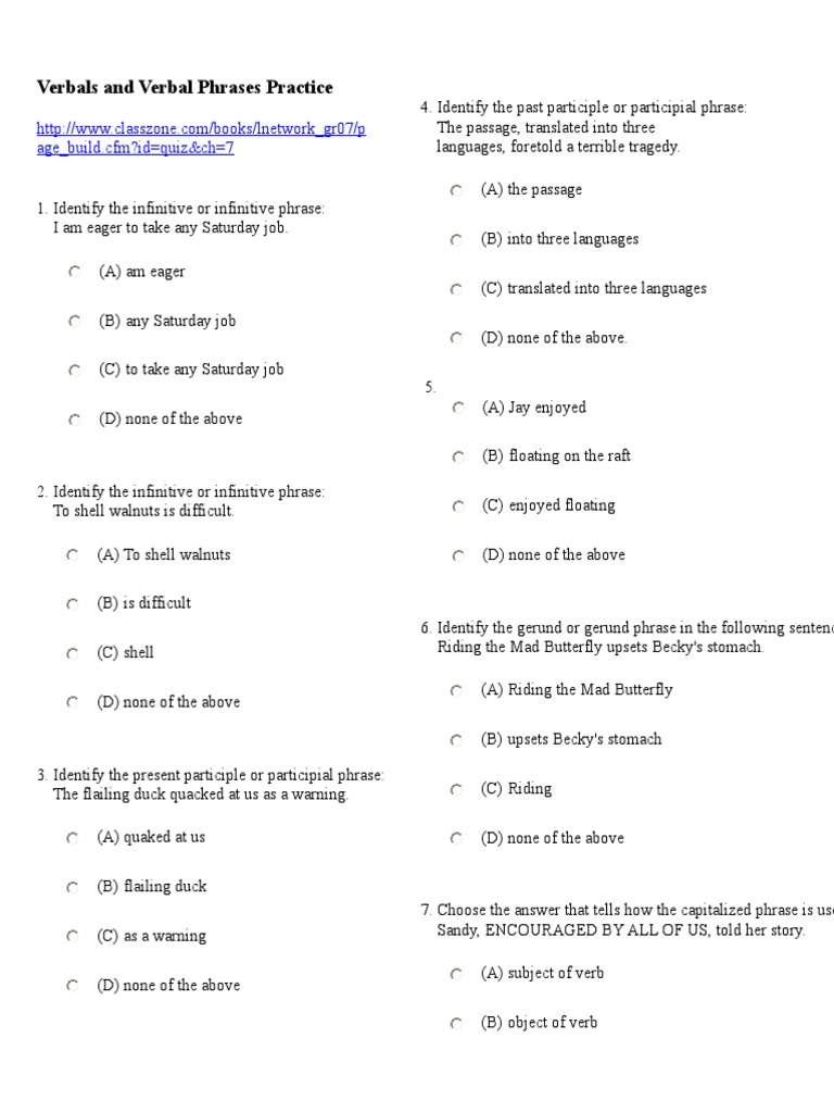 Verbals Practice | PDF | Verb | Language Mechanics