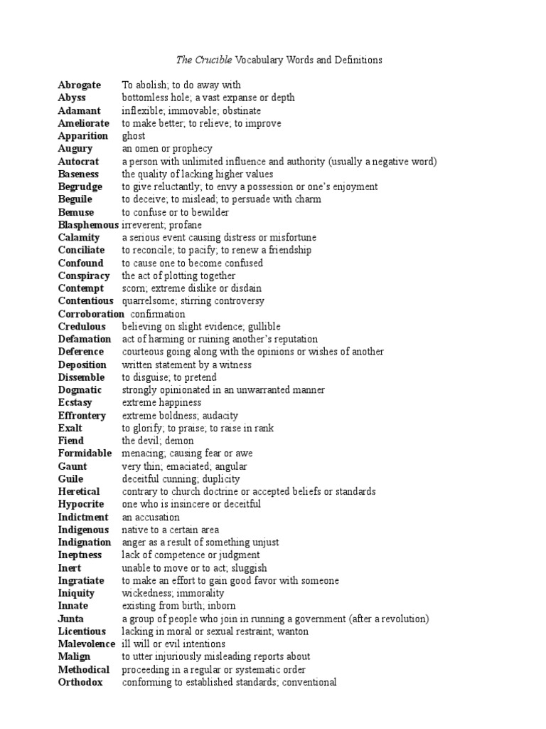 The Crucible Vocabulary Words and Definitions | PDF | Religious Belief ...