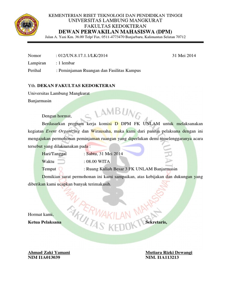 Contoh Surat Peminjaman Gedung | PDF