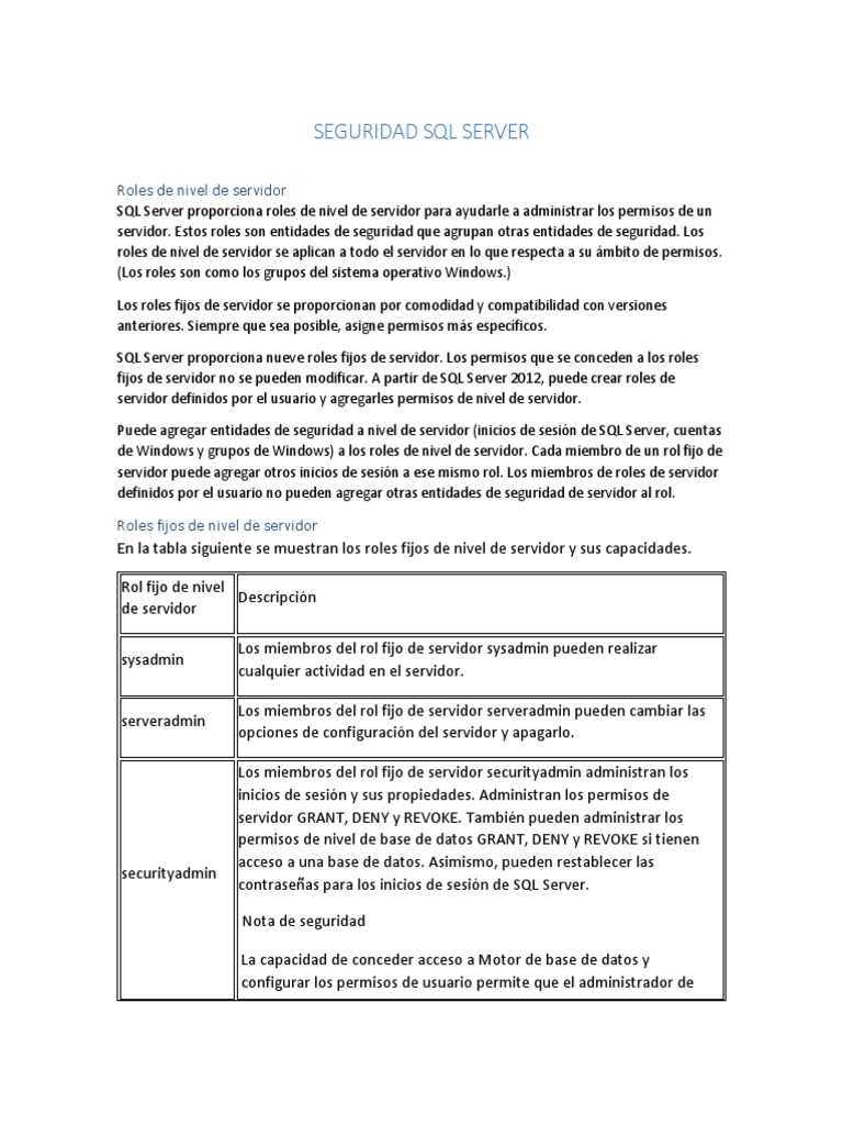 Seguridad en SQL Server | PDF | Servidor SQL de Microsoft | SQL
