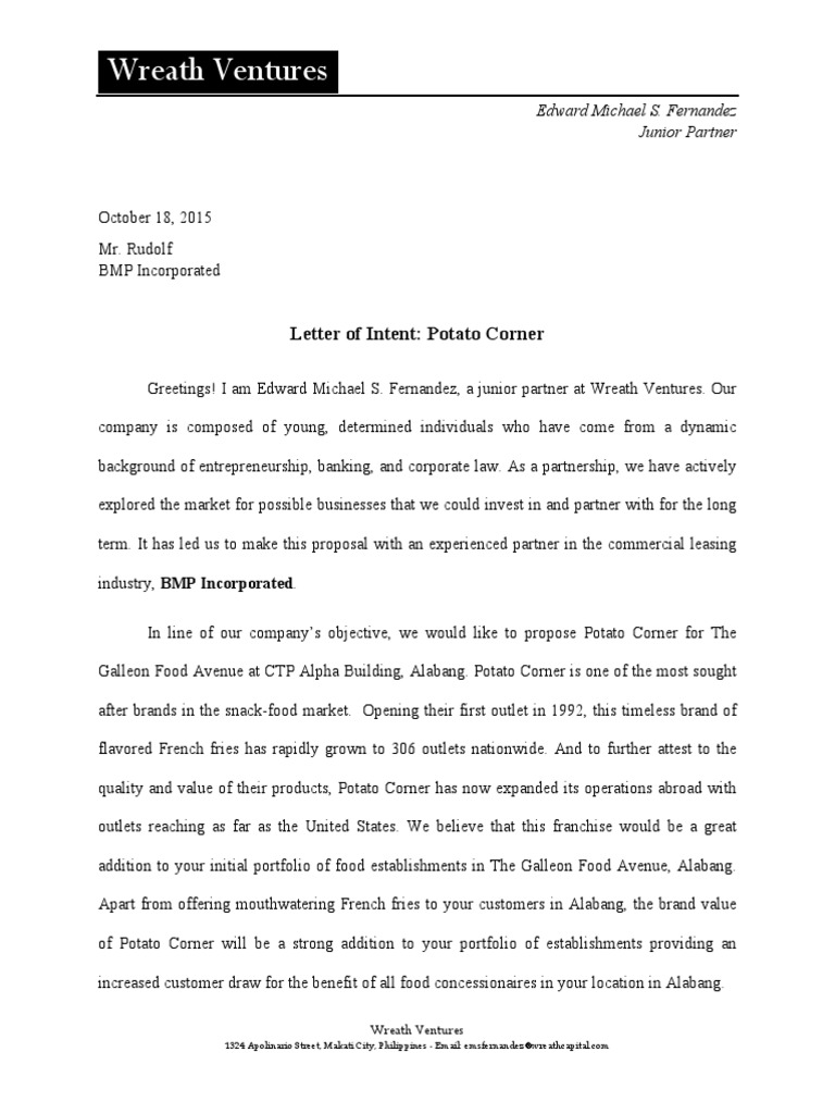 Letter of Intent for Potato Corner Franchise | PDF | French Fries | Potato