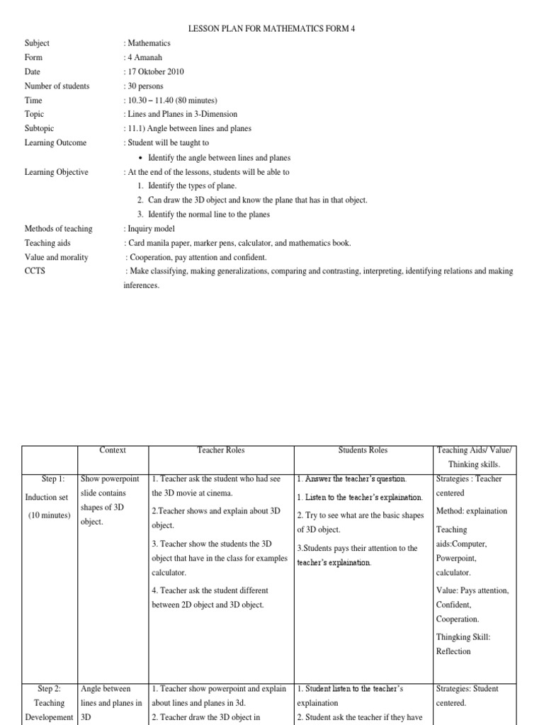 Lesson Plan | PDF | Plane (Geometry) | Teachers