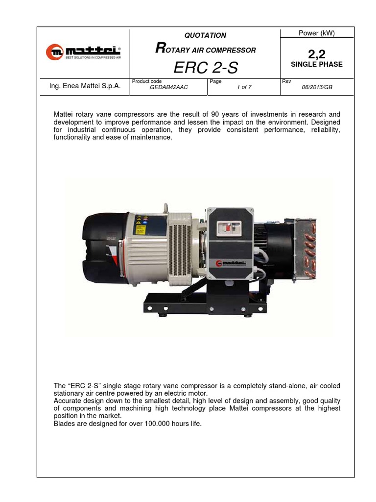 Specification Sheet for the Mattei ERC 2-S Single Stage Rotary Vane Air ...