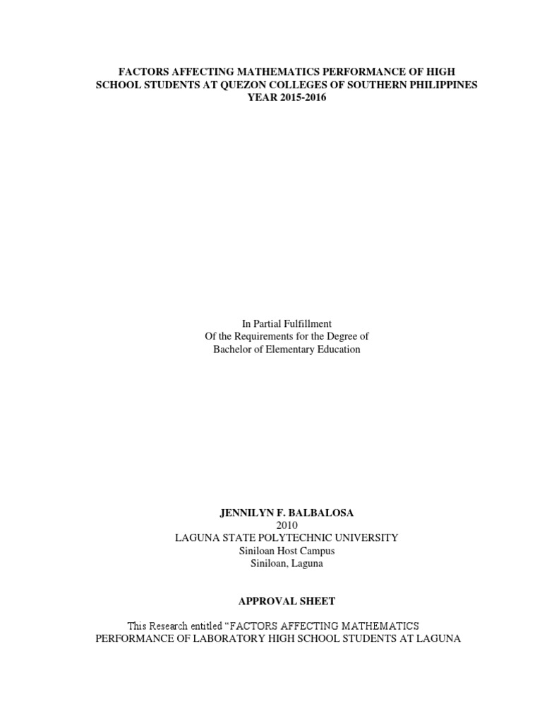 Factors Affecting Mathematics Performance of High School Students | PDF ...