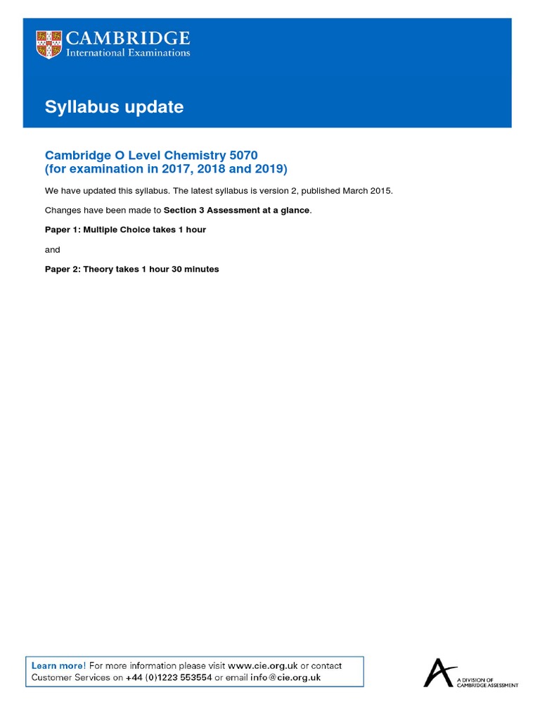 Syllabus Update: Cambridge O Level Chemistry 5070 (For Examination in ...