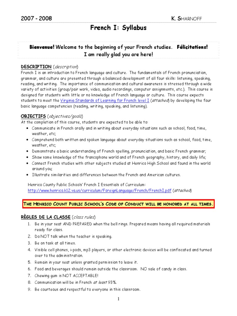 French 1 Syllabus | PDF | French Language | Homework