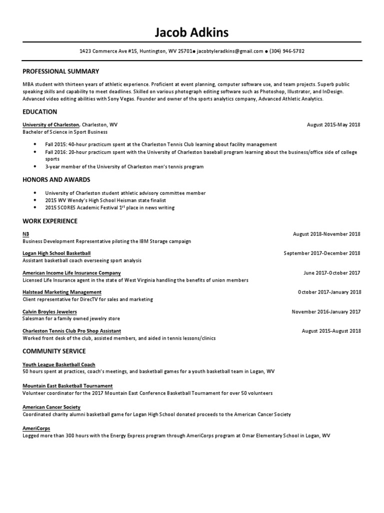 Jacob Adkins Resume 1 | PDF | Sports | Business