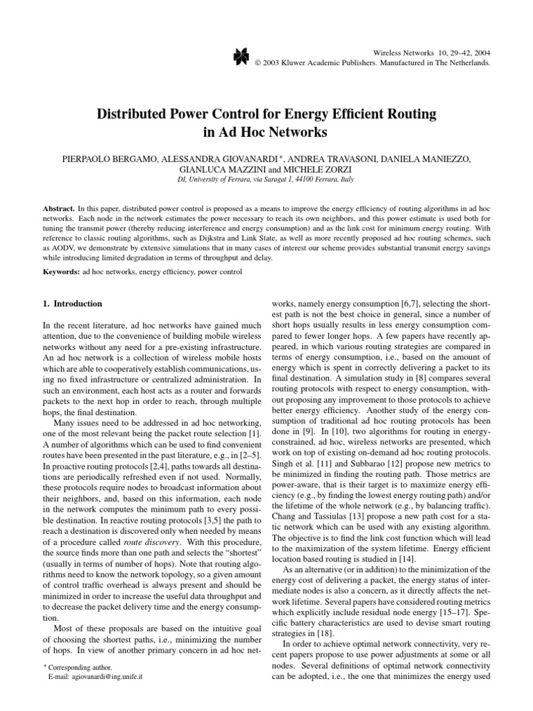 Distributed Power Control For Energy Efficient Routing in Adhoc ...