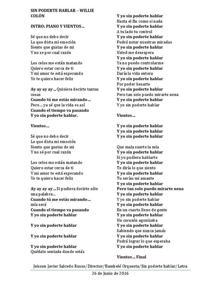 Letra de "Sin Poderte Hablar" de Willie Colón | PDF | Ocio