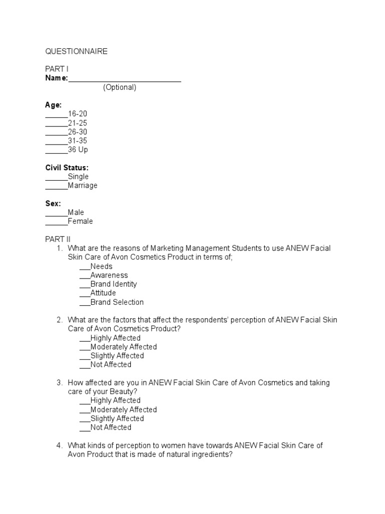 Questionnaire on Avon's ANEW Facial Skin Care | PDF | Cosmetics | Beauty