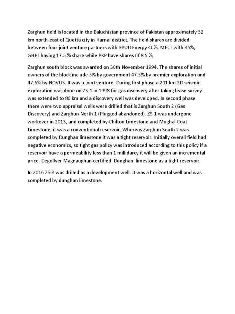 Zarghun Gas Field Overview and Developments | PDF