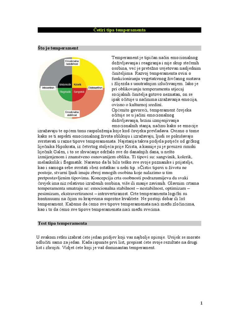 Četiri Tipa Temperamenta TEST | PDF