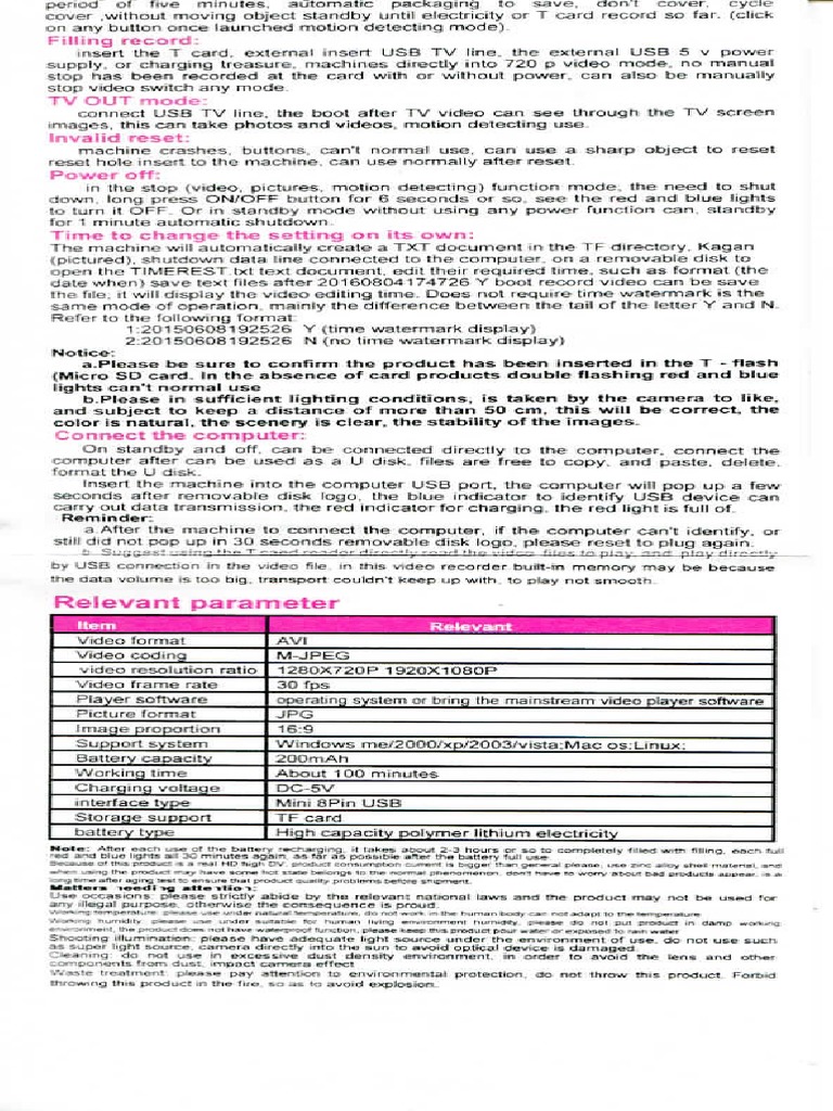 SQ11 Mini DV Camera User Manual | PDF | Video | Usb