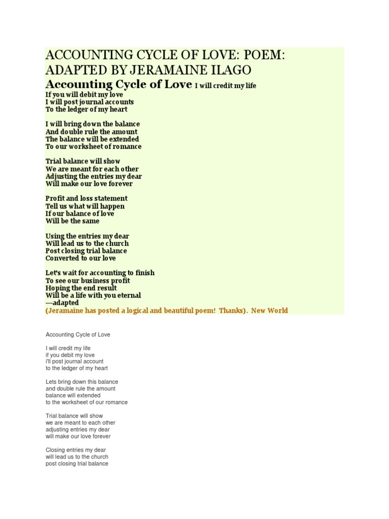 Accounting Love Poem | PDF | Debits And Credits | Service Industries