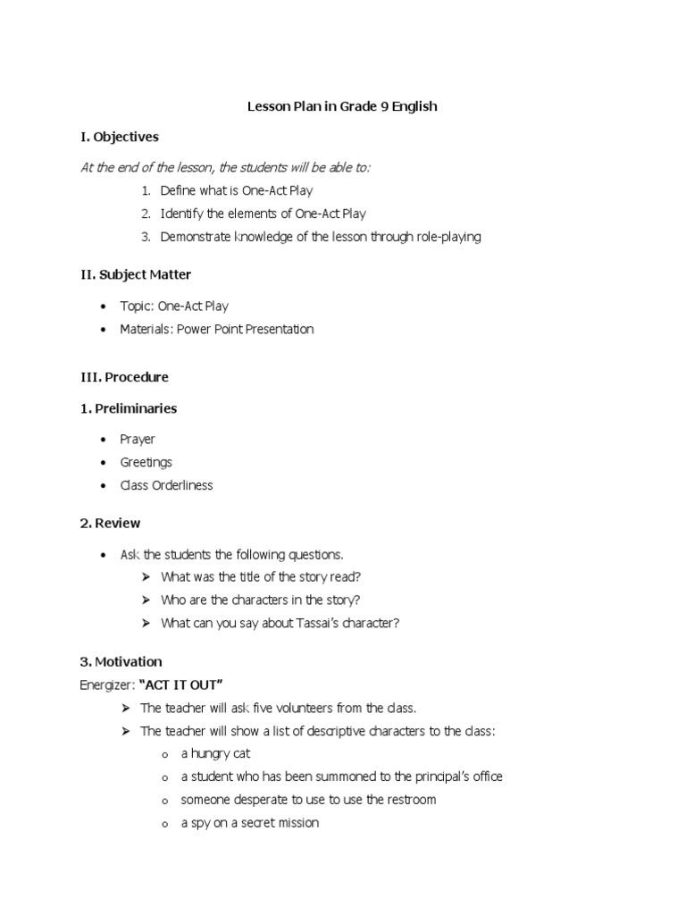 Lesson Plan One Act Play | PDF | Hero | Lesson Plan