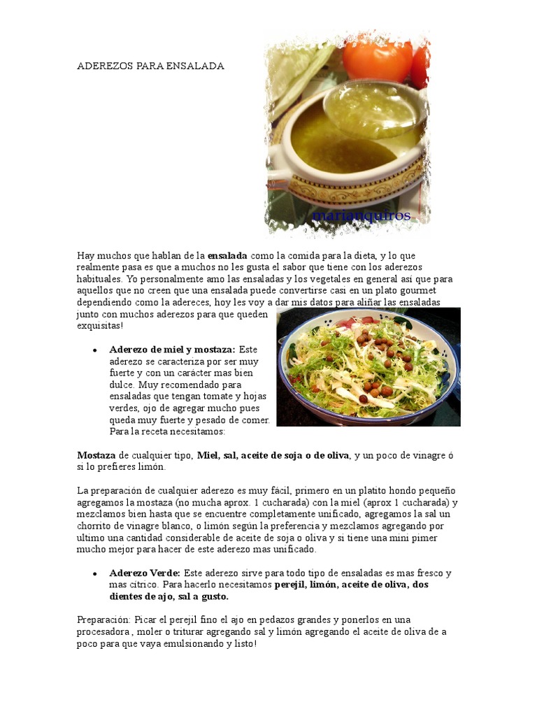 Aderezos para Ensalada | PDF | ensalada | Aceite de oliva