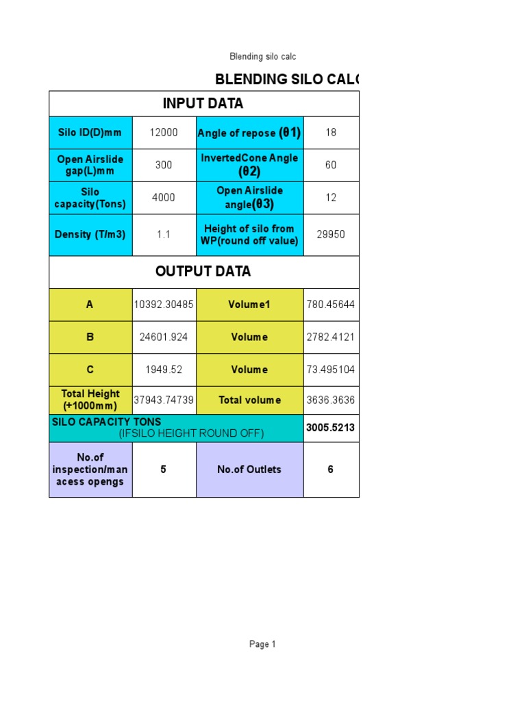Blending Silo Calculation Input Data | PDF | Volume | Physical Quantities