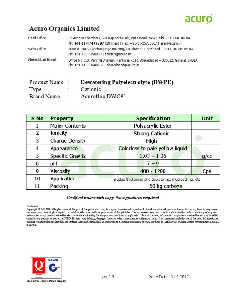 Specification - Dewatering Polyelectrolyte Acurofloc DWC91 | PDF ...